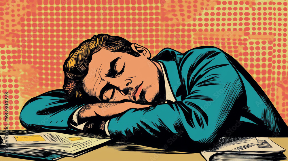 Boring report illustrated in a pop art retro style, featuring a man who ...