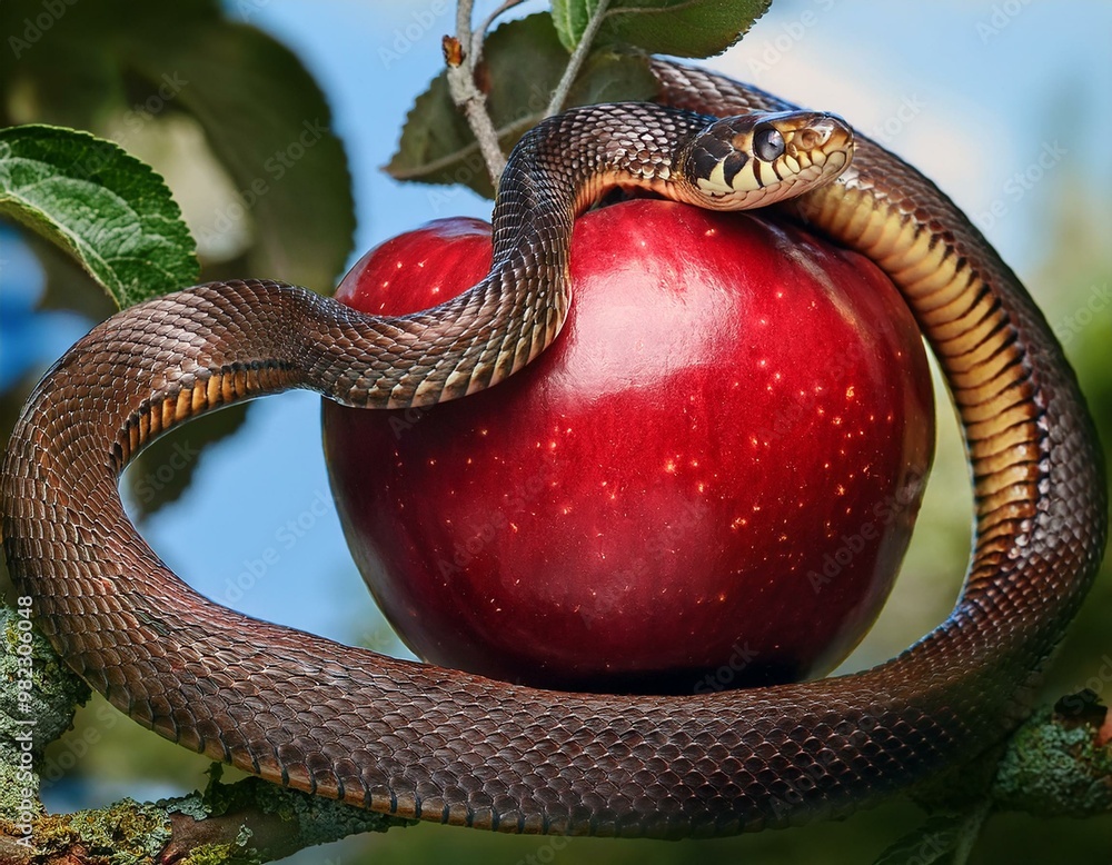 Snake in a apple tree next to a red apple representing original sin, An ...