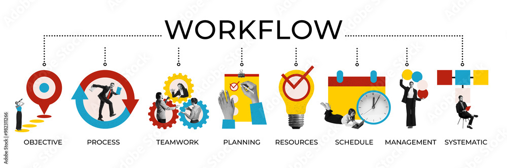 Workflow infographic and step-by-step process. Objectives, processes ...