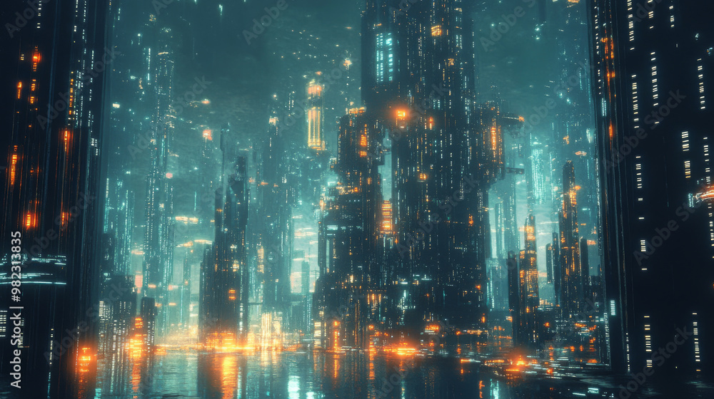 In a futuristic science fiction setting, an alien city emerges with ...