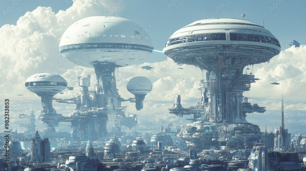 In a futuristic science fiction setting, an alien city emerges with ...