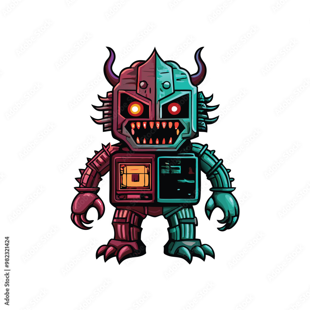 8-bit cyborg monster with red and blue robot parts and glowing red eyes ...
