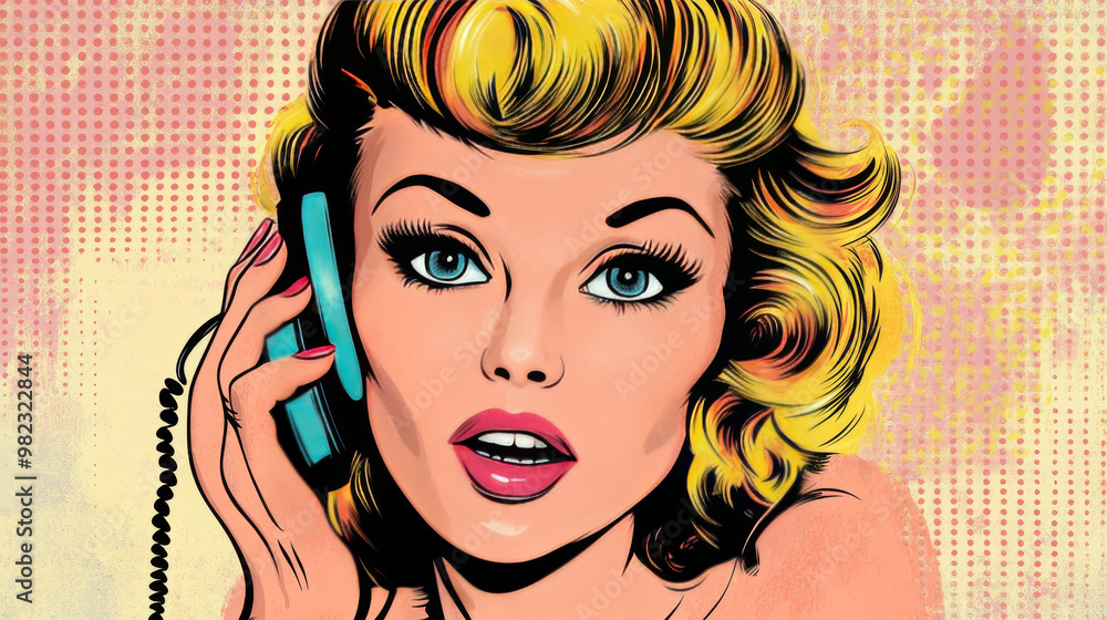 Hello woman speaking on the phone, depicted in a pop art retro comic ...