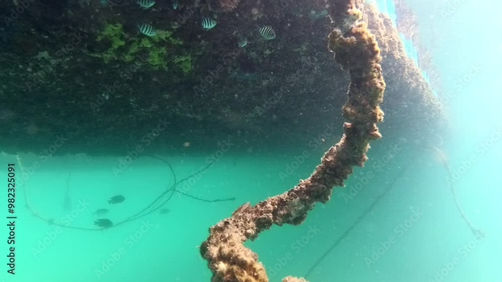 Underwater shot – barnacles live on floating dock, they help clean the ...