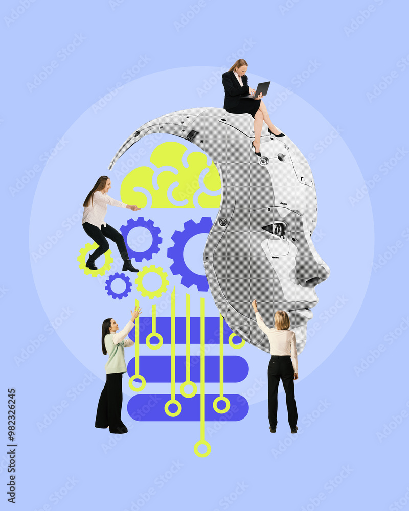 Contemporary art collage. Humans collaborating with AI-driven machine ...