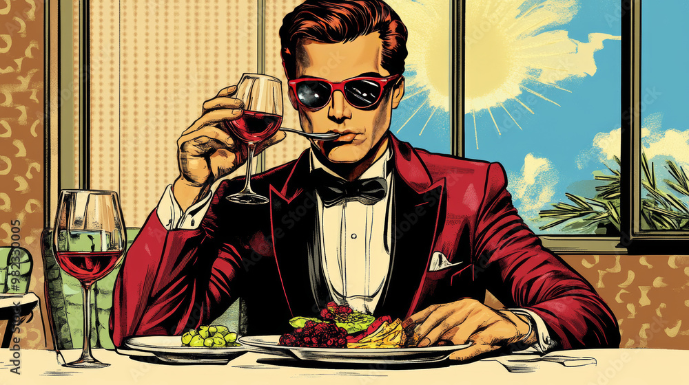 Elegant retro man dining in a restaurant while drinking wine. Pop art ...