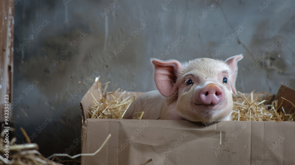 A cute little miniature pig snugly fitting inside a slightly torn ...
