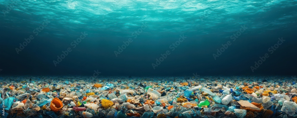 Ocean filled with plastic debris, with marine life entangled in waste ...