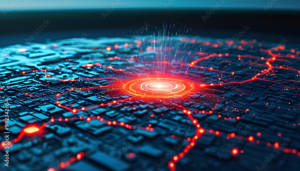 Futuristic digital map with glowing red location markers illuminating ...