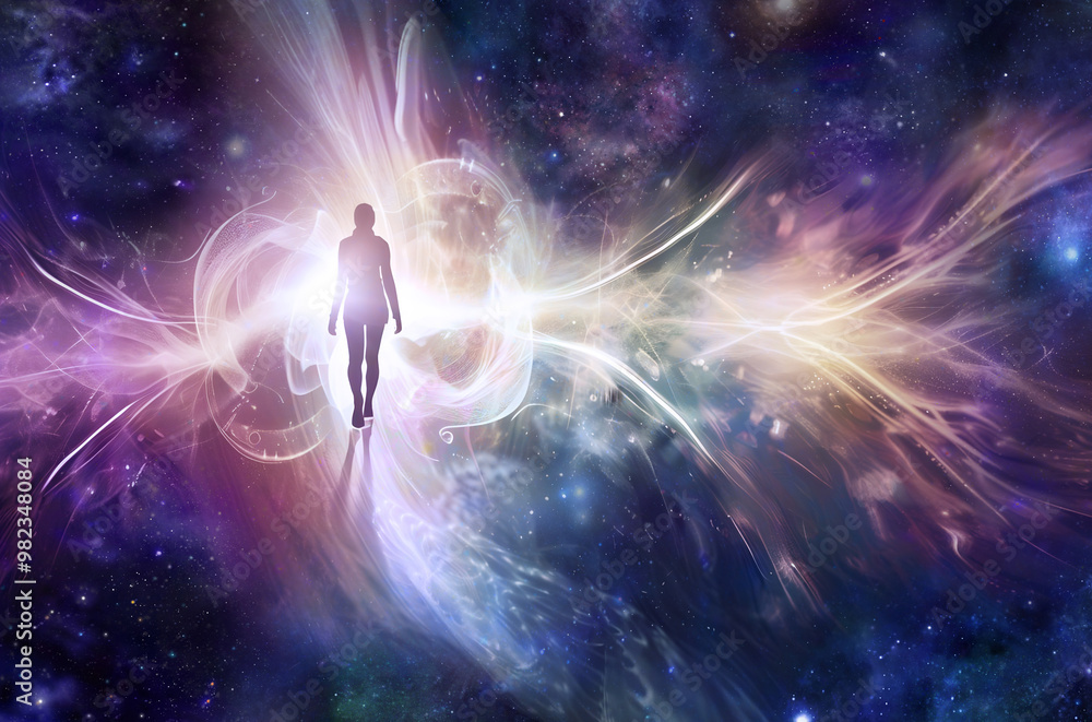 Moving through time portals to distant worlds - male figure walking ...