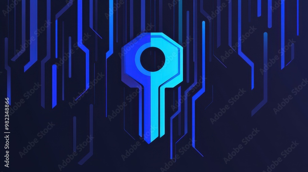 A sleek blue and black illustration featuring a key on a screen ...