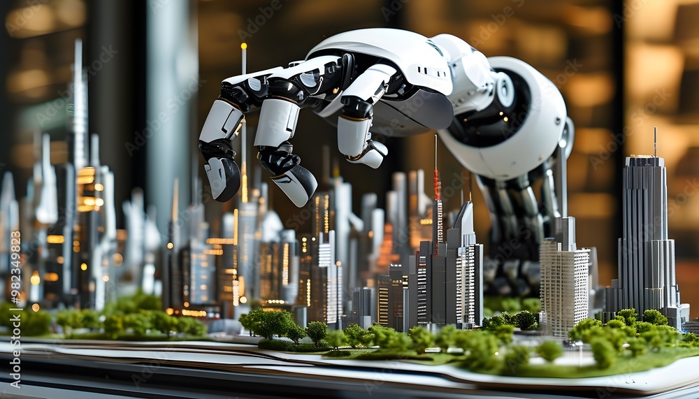 Futuristic cityscape brought to life as a robotic hand intricately ...