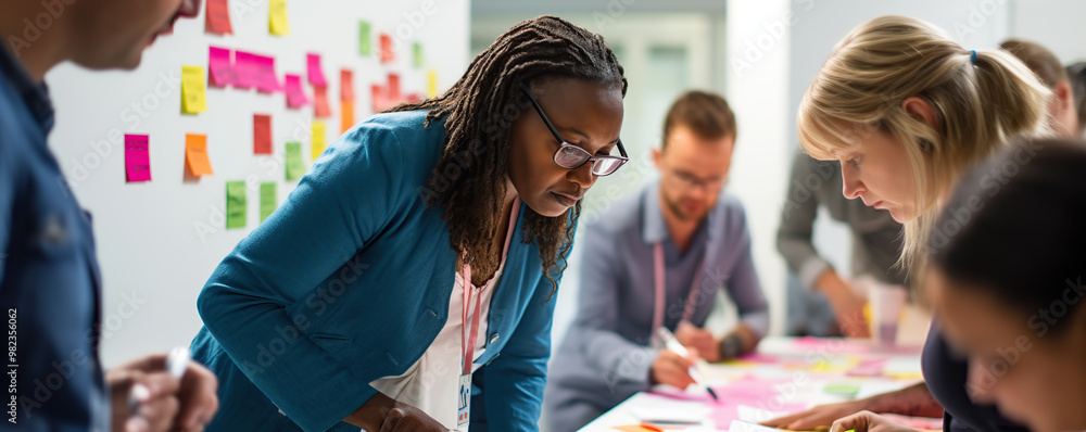 Group collaboration on sticky notes in a vibrant brainstorming session ...
