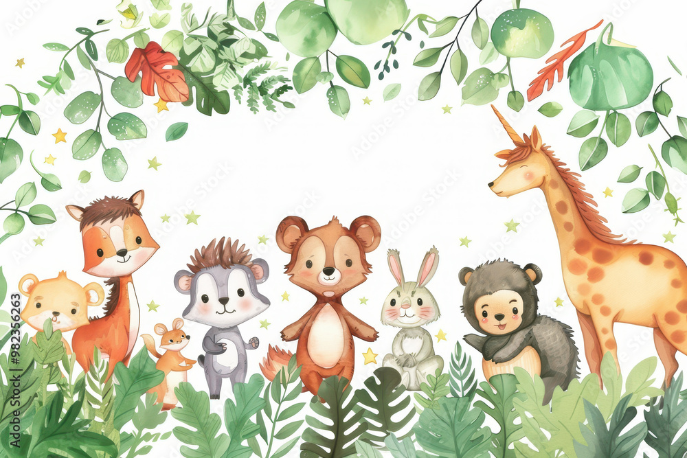 Watercolor cute baby forest animals vector background with white space ...