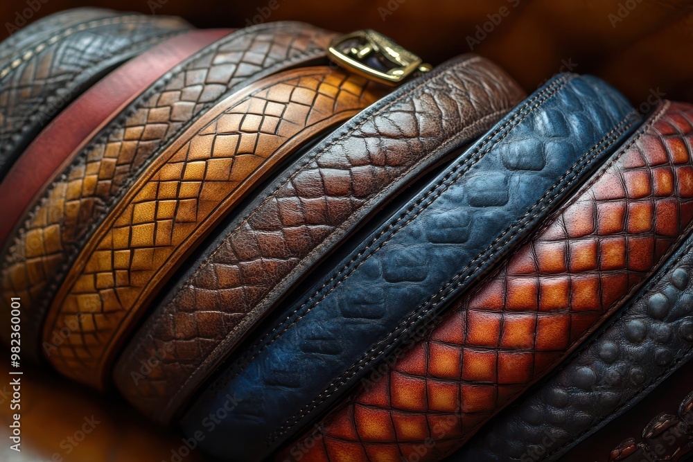 artful still life of luxury leather belts arranged in a spiral pattern ...