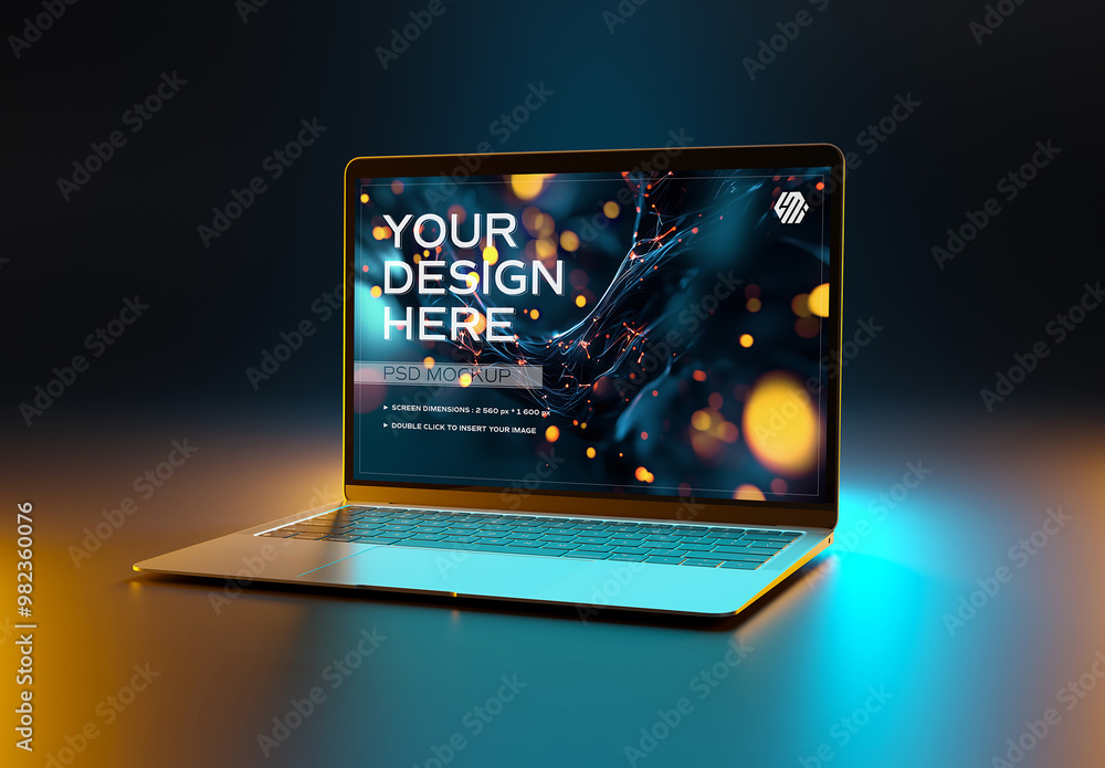 Laptop Computer Mockup On Black With Blue And Orange Lights Stock ...