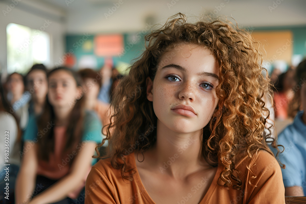Foto de Happy Hispanic gen Z student girl with headphones visiting ...