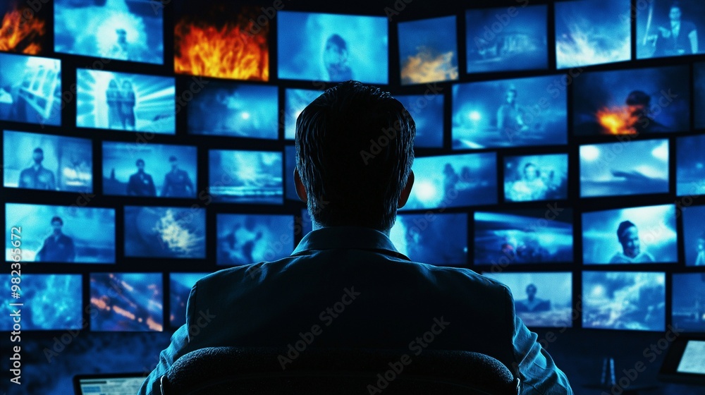 Man watching multiple screens in control room, symbolizing surveillance ...