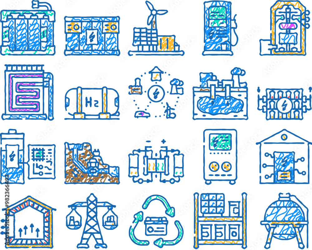 energy storage power battery doodle icons set vector. sketch line art ...
