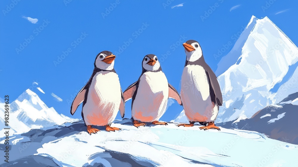 Three cheerful penguins stand together on a snowy landscape, showcasing ...