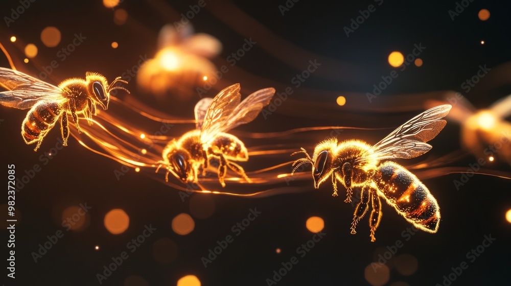 Stunning digital art of glowing bees flying through a dark background ...