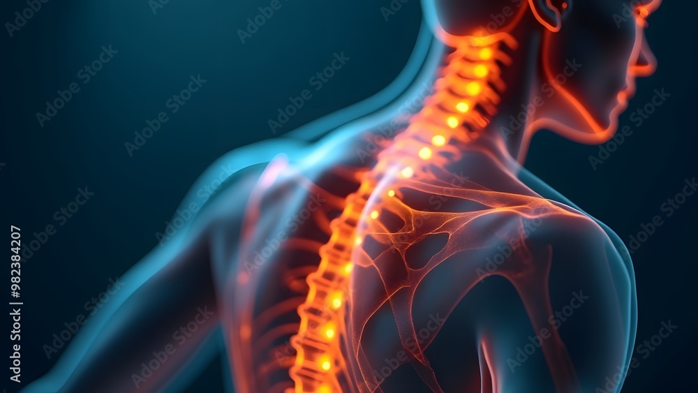 These illustrations depict a glowing spinal cord and nerves within the ...