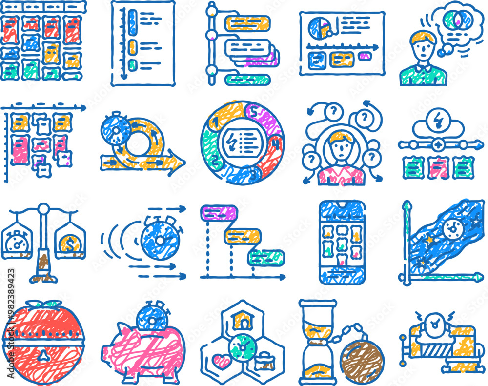 time management schedule task doodle icons set vector. sketch line art ...