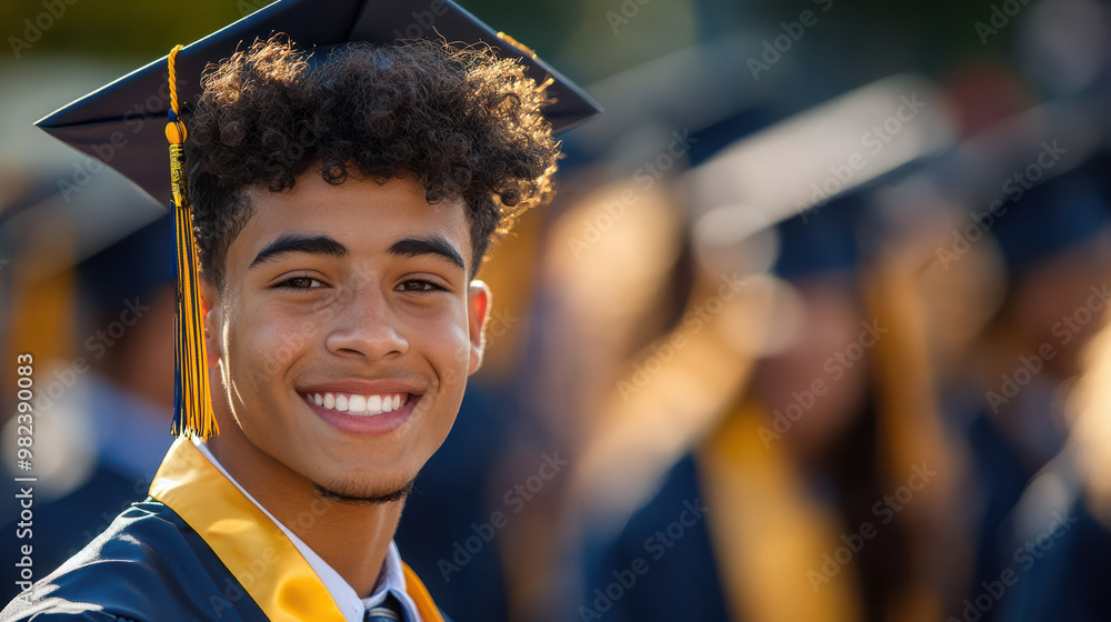 Graduate smiling with black cap and gown at ceremony, academic ...