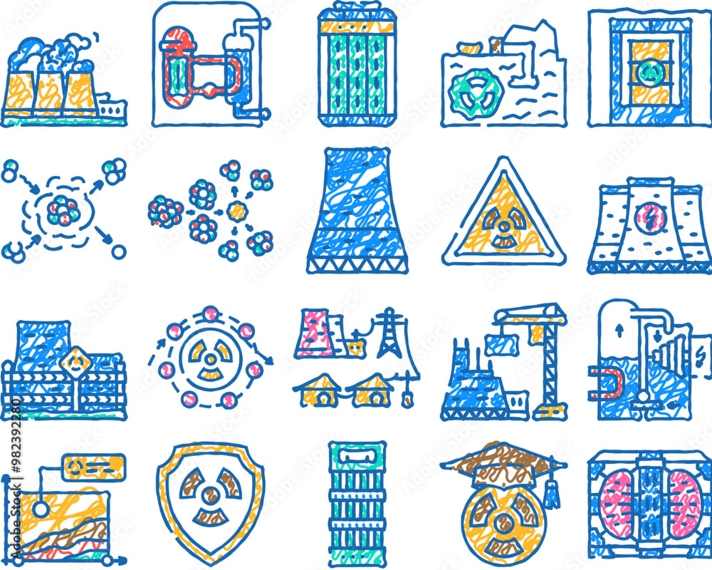 nuclear energy engineer atom doodle icons set vector. sketch line art ...