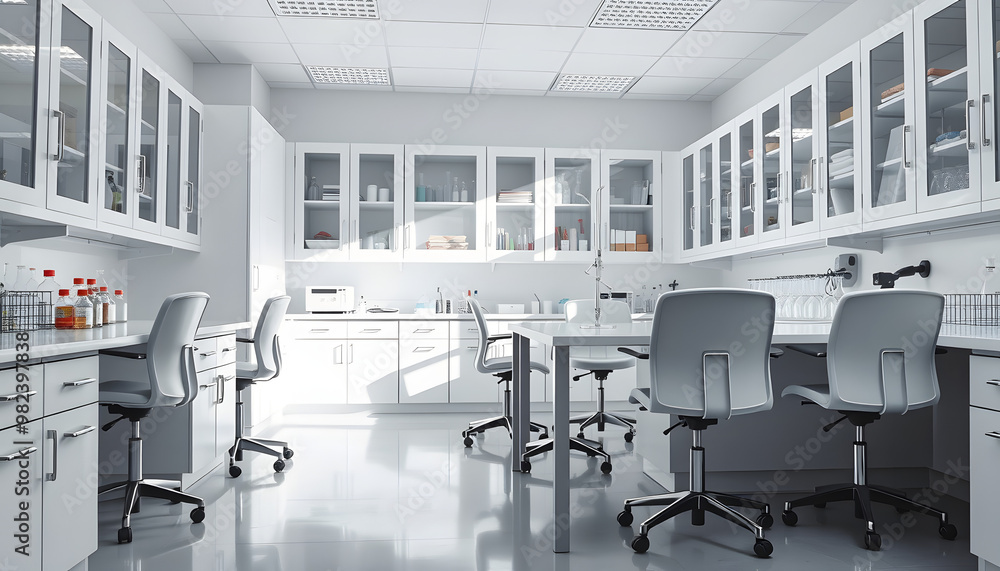 Chemistry lab with white cabinets, chemist workstations and swivel ...