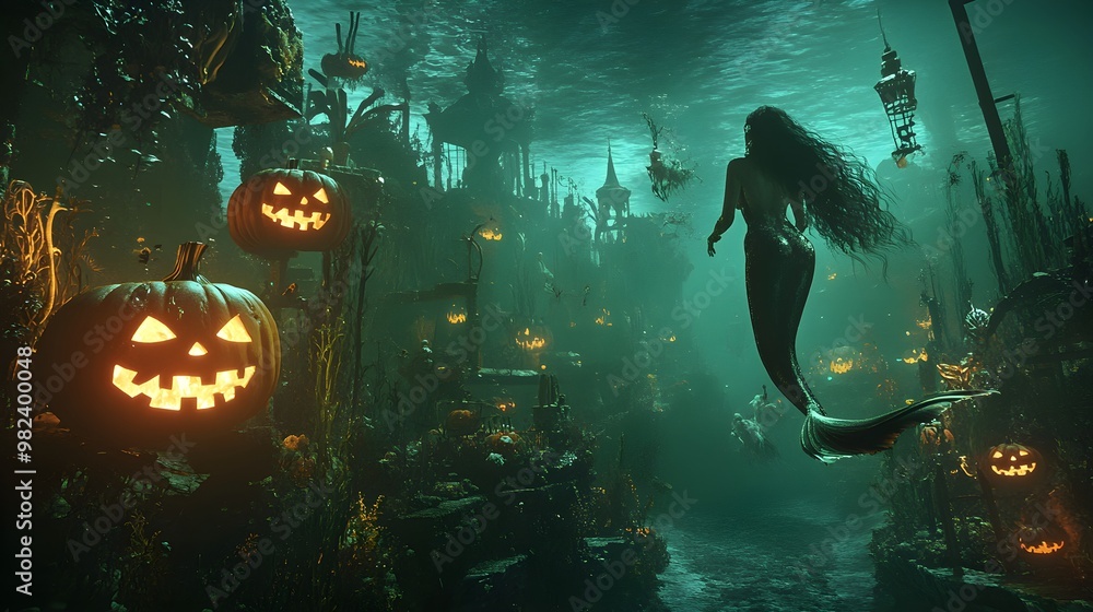 A haunting underwater scene where mermaids with ghostly pale skin and ...