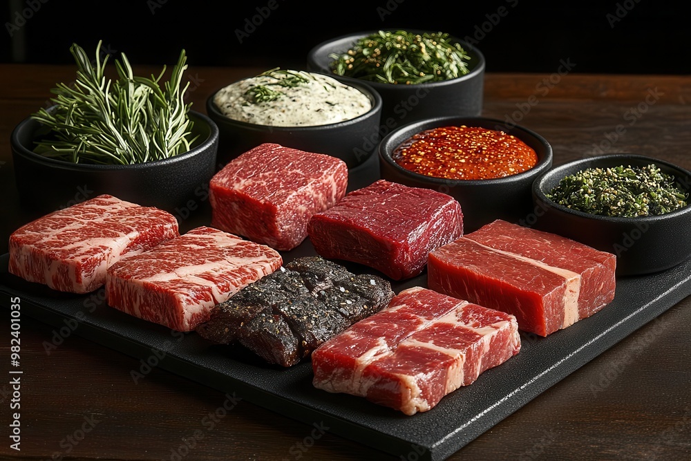 elegant composition of diverse premium beef cuts arranged on black ...