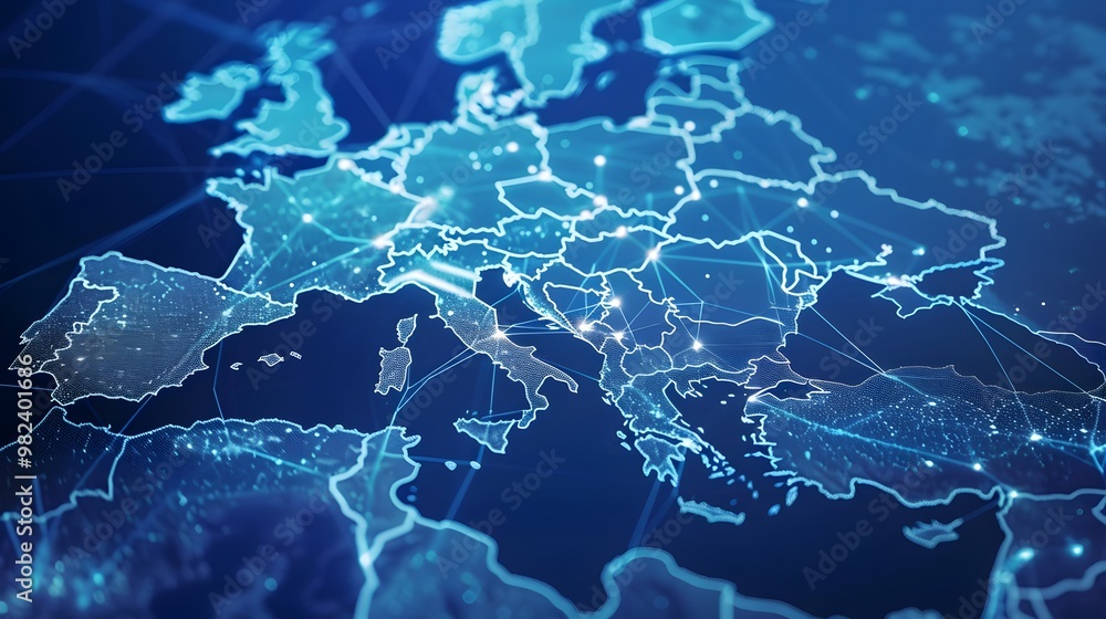 Digital Map of Europe with Glowing Network Connections and Data Points Highlighting Major Cities ...