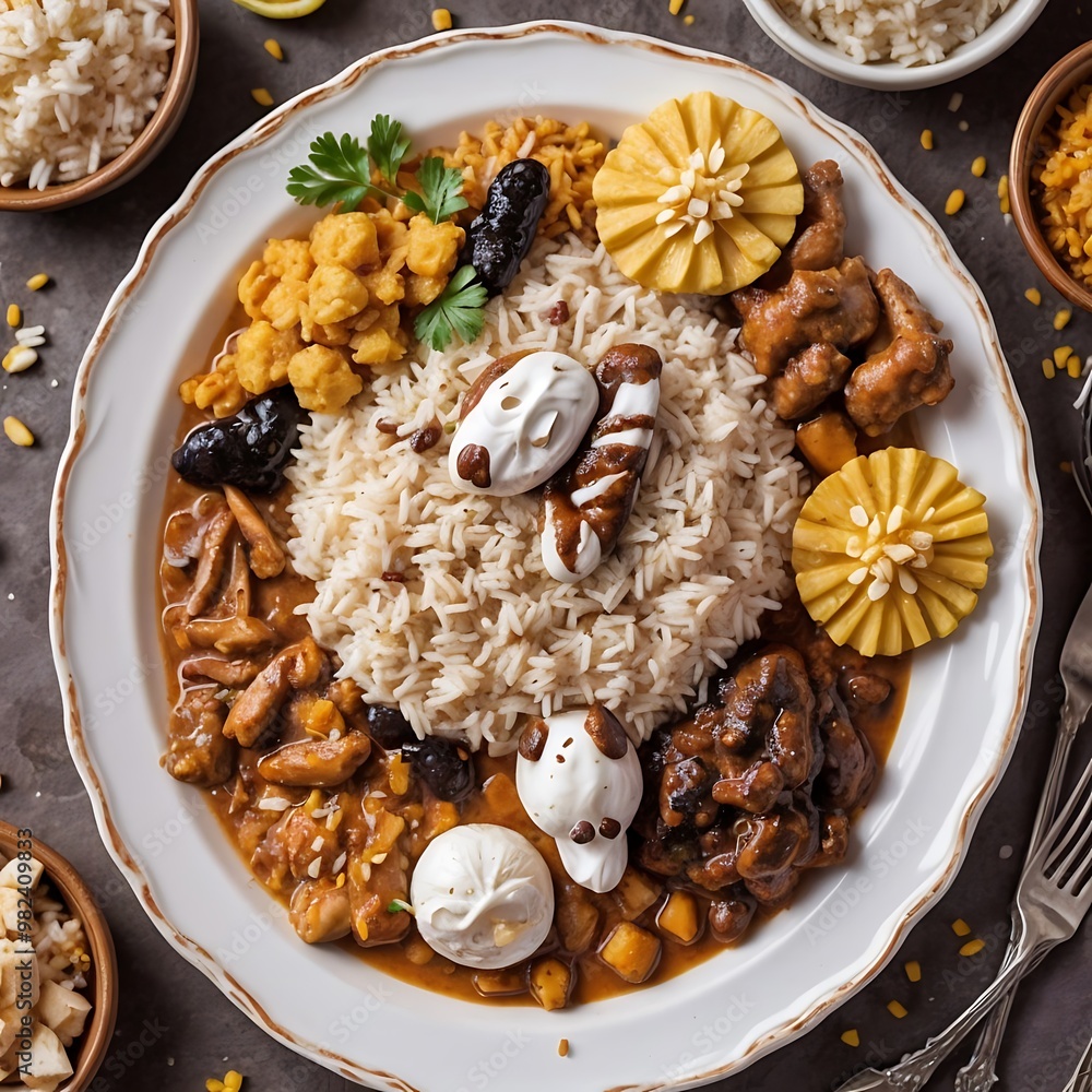 Mole con arroz blanco y pollo: comida típica y decorazion del Día de ...
