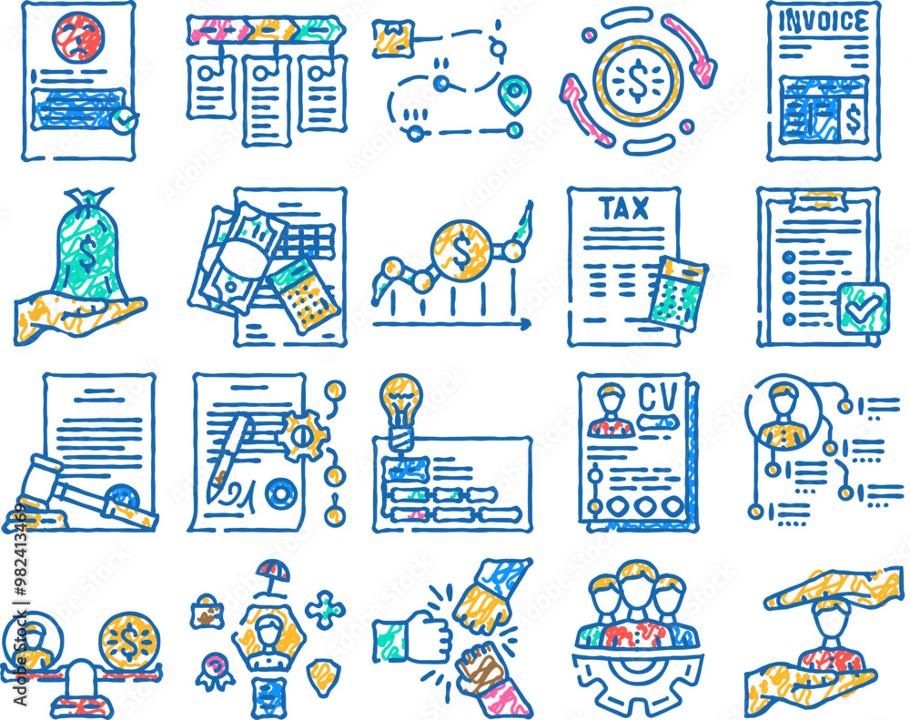 business process technology doodle icons set vector. sketch line art ...