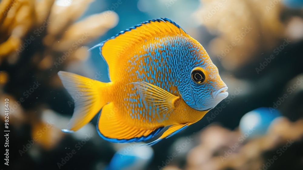 Colorful tropical fish in aquarium, vibrant blue and yellow scales ...