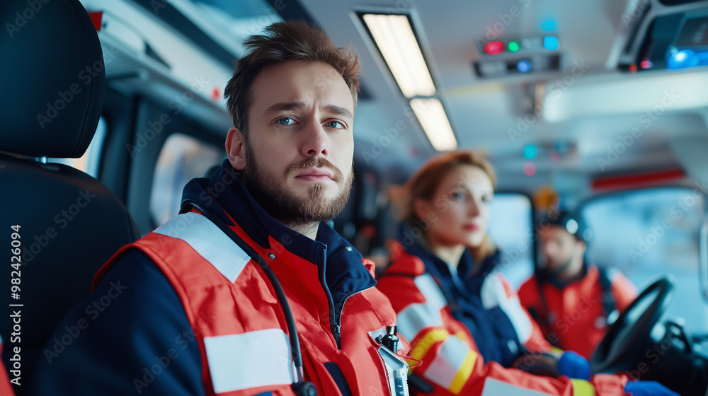 EMS workers inside an ambulance truck, providing urgent care to a ...