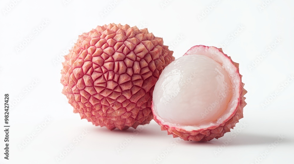 A single fresh lychee with its rough pink shell and a peeled lychee ...