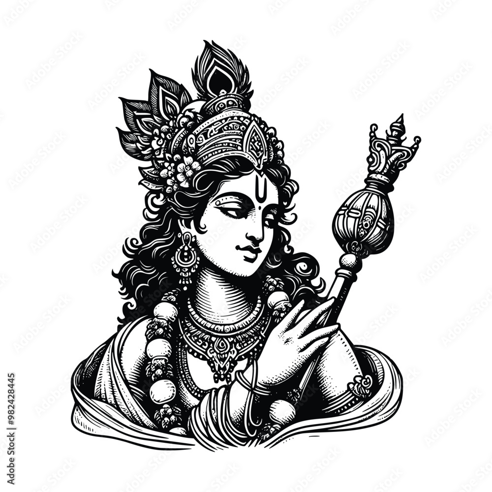 hand drawn illustration of Lord Krishna Indian God. engraving black and ...