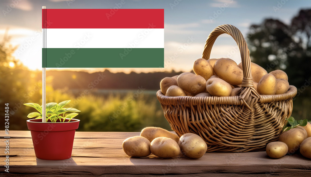 Flag of Hungary on potted potato seedling,and wicker basket full of ...