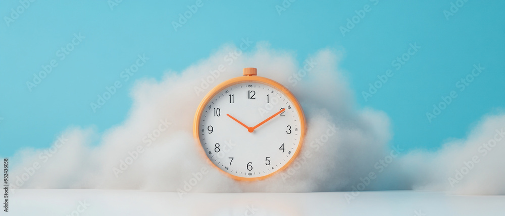 A clock stands at the center of an intense scene with fog powerfully ...