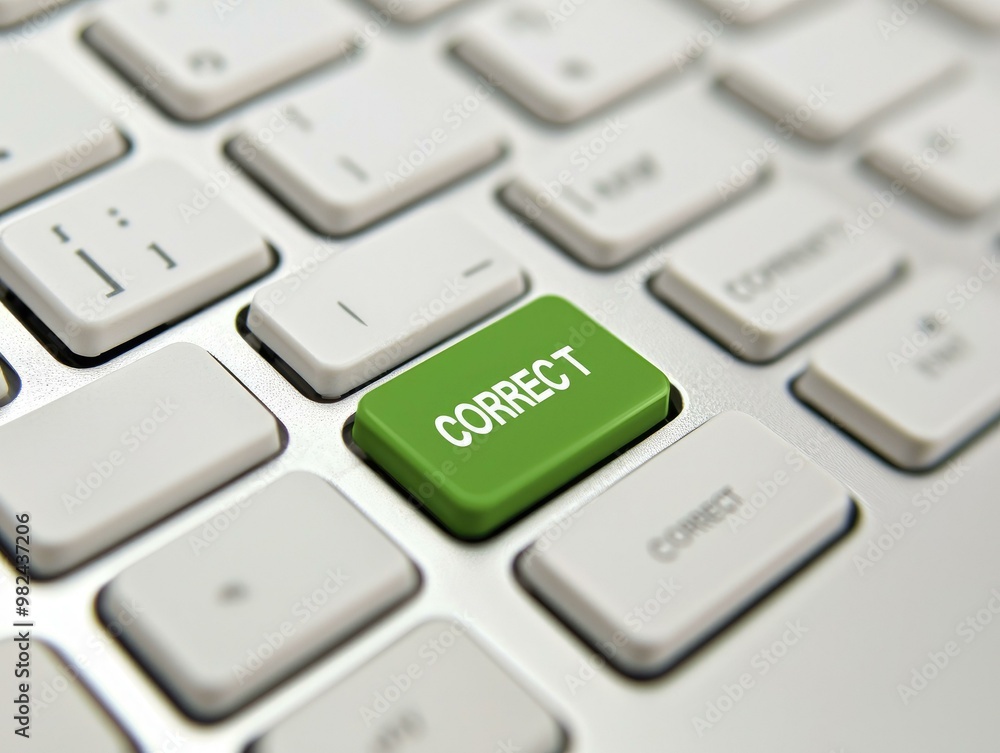 A visually striking keyboard featuring a prominent green CORRECT button ...