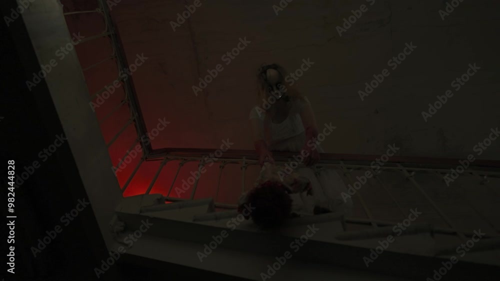 Creepy ghost woman in white dress and scary mask bending over handrails ...