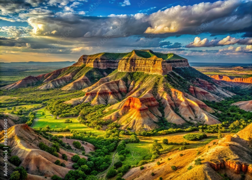 A vast and rugged caprock escarpment rises above the surrounding plains ...