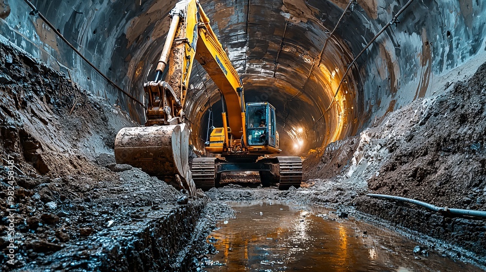 Excavator working in an underground tunnel construction site Stock ...
