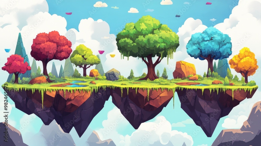 Colorful 2D arcade game level with floating islands, mountains, trees ...