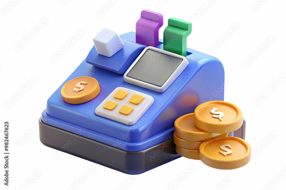 Levitating Cash Register Surrounded by Payment Icons on White ...