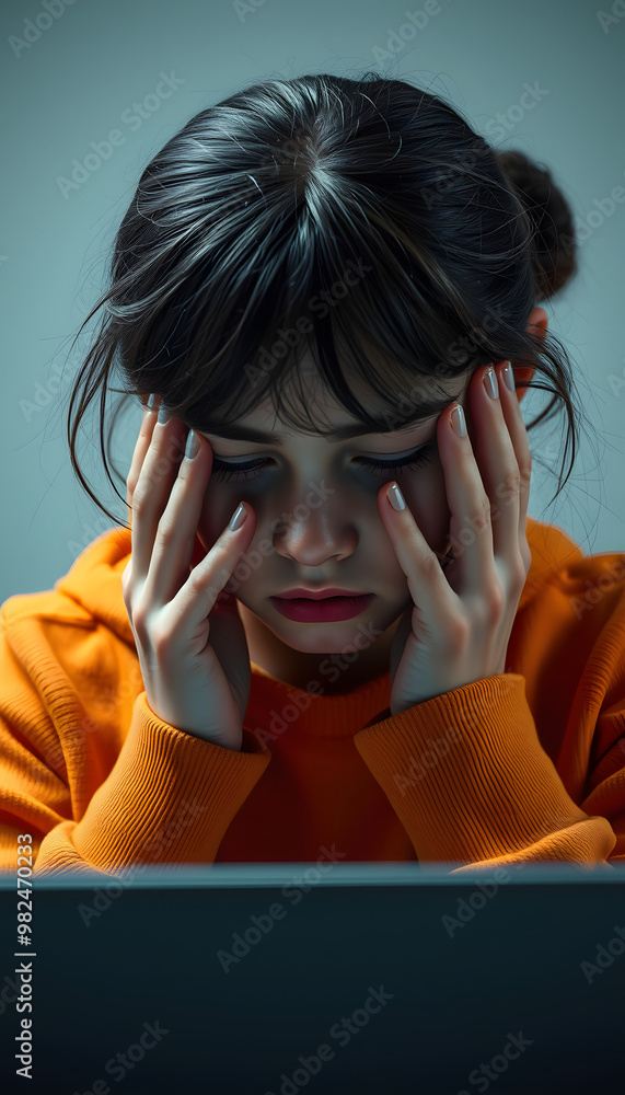 Teenager girl suffering internet cyber bullying scared and depressed ...