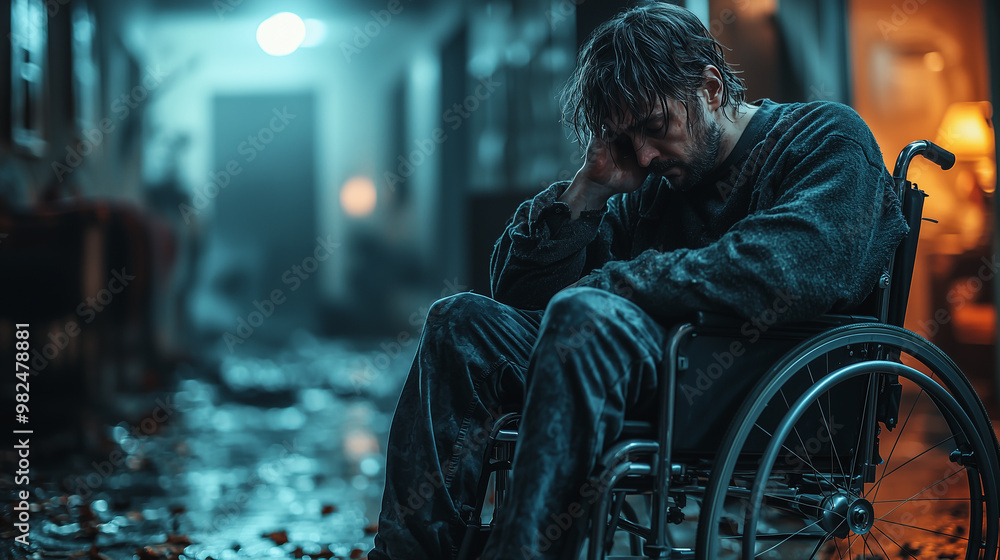 Sad man sitting in a wheelchair and holding head. Emotional and ...
