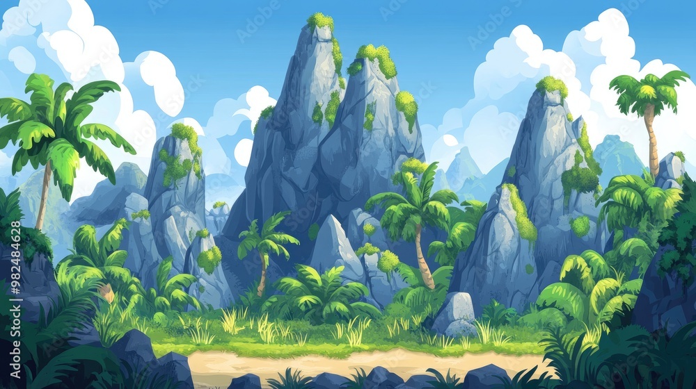 Fantasy island background for a 2D arcade game, complete with towering ...